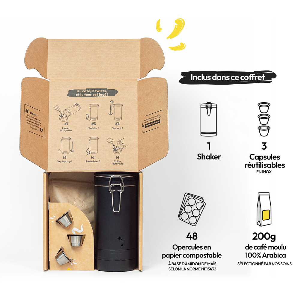 Coffret Caps Me shaker + 3 capsules réutilisables + 48 opercules + 200g ...