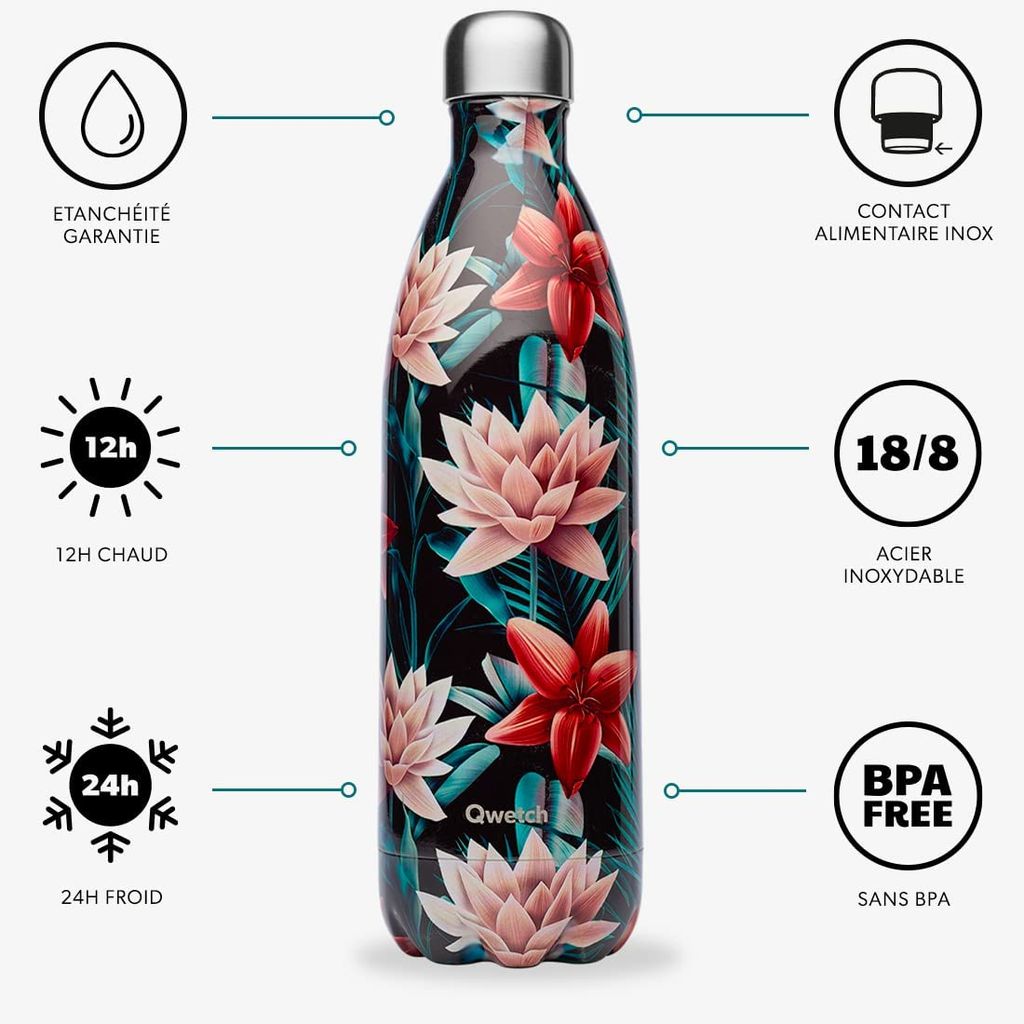 Bouteille isotherme tropical noire 1L QWETCH - Ambiance & Styles